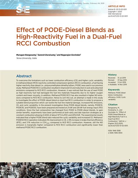 Pdf Effect Of Pode Diesel Blends As High Reactivity Fuel In A Dual Fuel Rcci Combustion