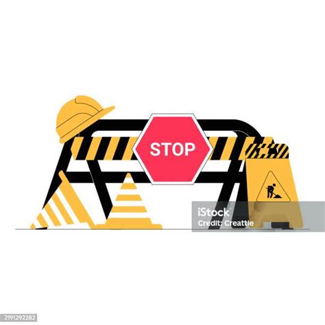 건설 안전 경고 및 교통 관리를 상징하는 평면 벡터 일러스트 레이 션에서 정지 보드와 도로 공사 간판 흰색 배경에 고립 된 건설 현장에 대한 스톡 벡터 아트 및 기타 이미지