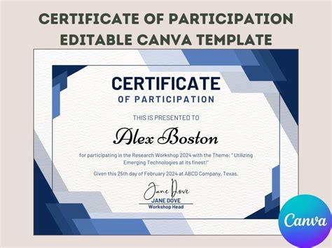 Certificate Of Participation Canva Template Blue Minimalist And Aesthetic Design Etsy