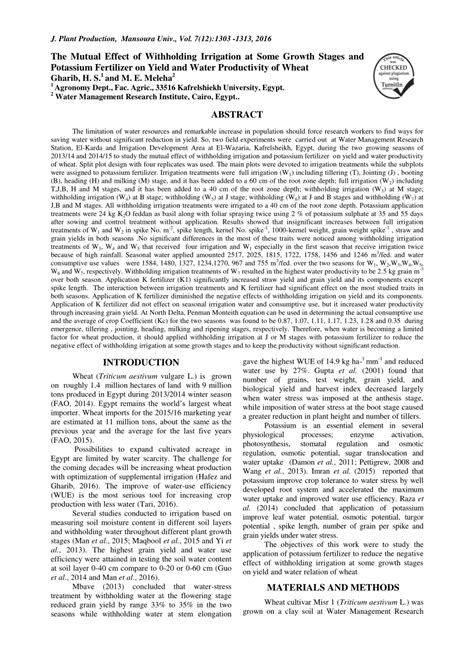 Pdf The Mutual Effect Of Withholding Irrigation At Some Growth Stages