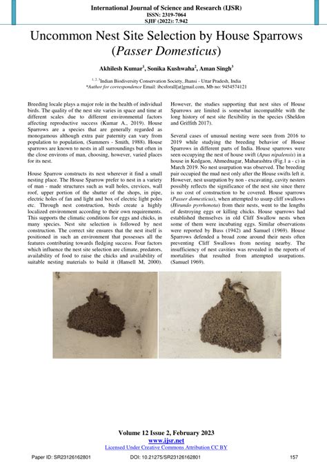 Pdf Uncommon Nest Site Selection By House Sparrows Passer Domesticus