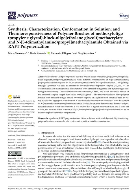 Pdf Synthesis Characterization Conformation In Solution And Thermoresponsiveness Of Polymer