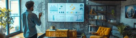 Man Analyzing Data On A Large Screen In A Modern Office Space With Charts And Graphs Surrounded