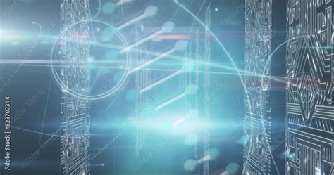 image of dna structure spinning over screens of microprocessor