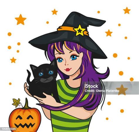흰색 배경에 호박과 고양이귀여운 작은 마녀 행복한 할로윈 포스터 친구 또는 가족 원더랜드 스티커에 대한 격리 된 그림입니다 멋진