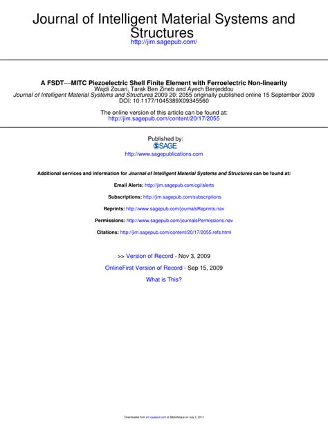 Pdf A Fsdt Mitc Piezoelectric Shell Finite Element With Ferroelectric