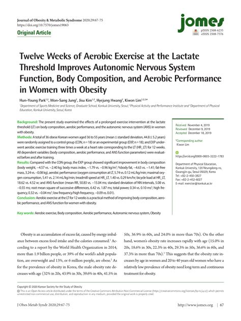 Pdf Twelve Weeks Of Aerobic Exercise At The Lactate Threshold Improves Autonomic Nervous