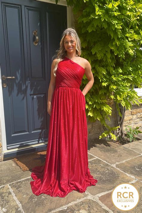 Red One Shoulder A Line Glittery Dress Red Carpet Ready