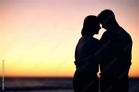 Couple Silhouette And Sunset At Beach For Love Care And Romantic Date