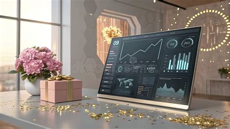 Modern Workspace Setup With Digital Data Graphs And Technological Interface Visuals Stock
