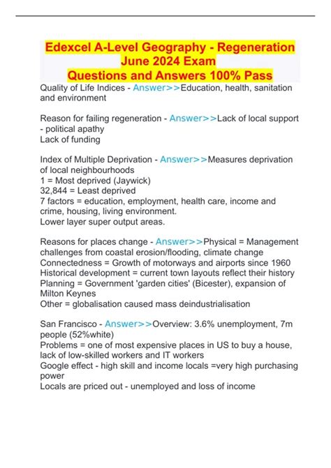 Edexcel A Level Geography Regeneration June 2024 Exam Questions And Answers 100 Pass