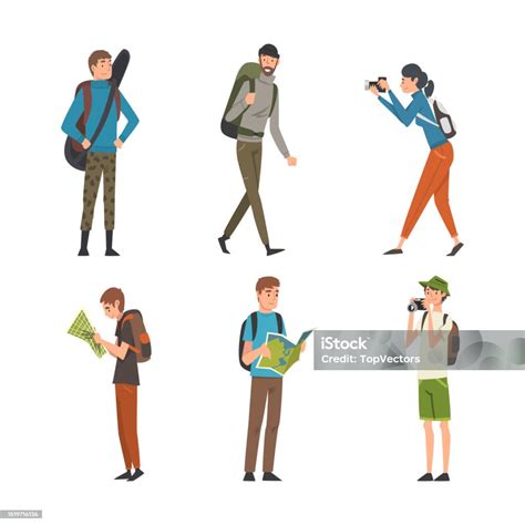 휴가 세트로 여행하는 사람들 배낭을 메고 있는 남성과 여성 캐릭터 하이킹 만화 벡터 삽화 가방에 대한 스톡 벡터 아트 및 기타