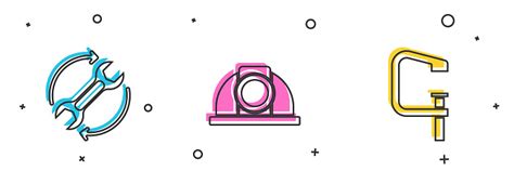 렌치와 화살표를 워크플로우 작업자 안전 헬멧 및 클램프 나사 도구 아이콘으로 설정합니다 벡터 강철에 대한 스톡 벡터 아트 및