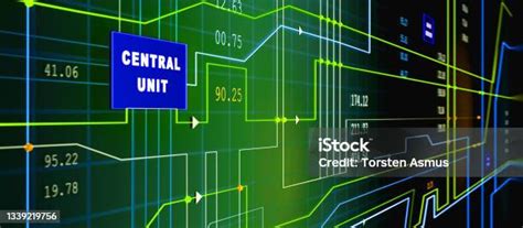 산업 또는 과학 에서 노드 트리 또는 스위치 보드화면 노드 블록 및 스위치와 그들 사이의 연결을 디지털 바이너리 트리 초점은 파란색 중앙 장치에 있습니다 전력망에 대한 스톡