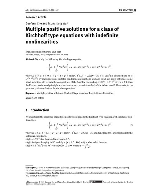 Pdf Multiple Positive Solutions For A Class Of Kirchhoff Type Equations With Indefinite