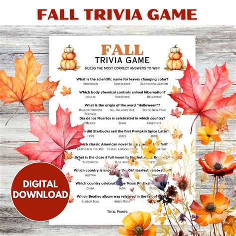 Trivia Game Fall Trivia Quiz Autumn Trivia Printable Fall Quiz Game