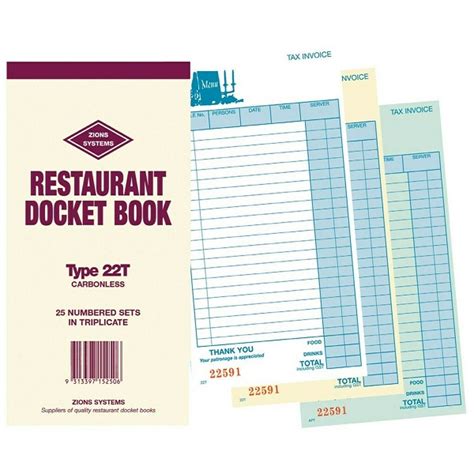 Zions 22t Restaurant Docket Book Carbonless Triplicate