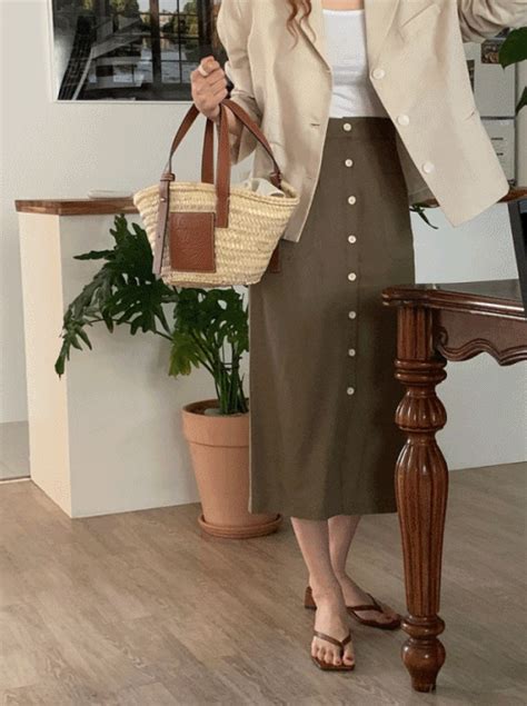 오브미엘 린넨 텐셀 버튼 H라인 롱 스커트 위시버킷