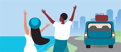 도로 여행에서 바다 전망에 감탄하는 행복한 다문화 커플 플랫 벡터 스톡 일러스트 레이 션 개념에 대한 스톡 벡터 아트 및 기타