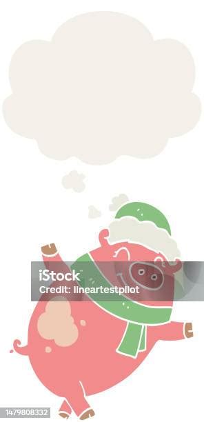 복고풍 스타일의 생각 거품이 있는 크리스마스 모자를 쓰고 있는 만화 돼지 귀여운에 대한 스톡 벡터 아트 및 기타 이미지 귀여운 기포 낙서 드로잉 Istock