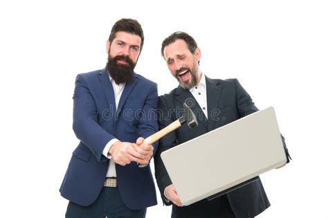 Password Hack Businessmen Break Or Hack Computer Hackers Hold Laptop And Hammer Computer