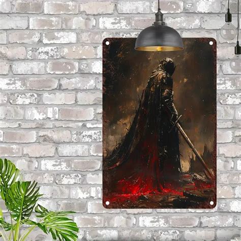 고딕 중세 기사 피빛 빛 서사시적인 전투 자세 바 카페 및 가정용 빈티지 알루미늄 벽 예술 방수 Temu