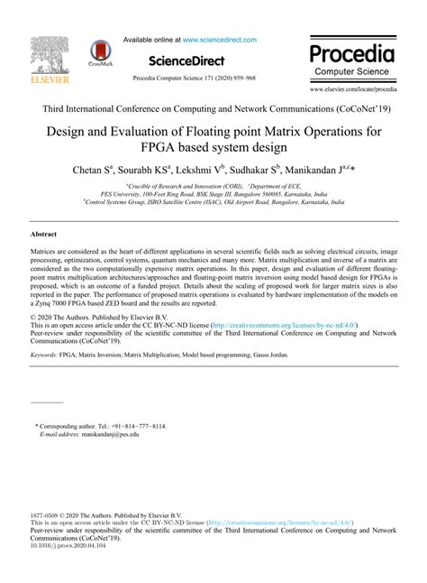 PDF Design And Evaluation Of Floating Point Matrix Operations For FPGA Based System Design