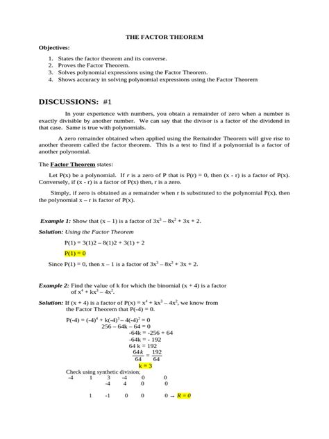 The Factor Theorem Pdf Factorization Polynomial