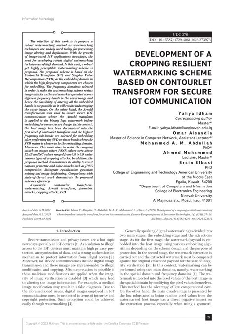 Pdf Development Of A Cropping Resilient Watermarking Scheme Based On Contourlet Transform For