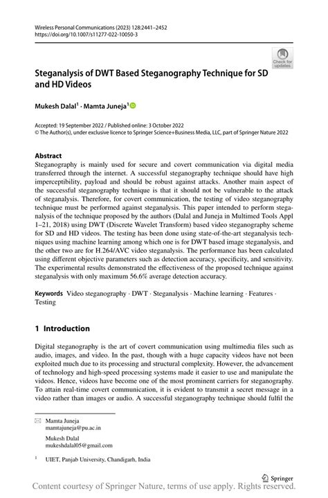 Steganalysis Of Dwt Based Steganography Technique For Sd And Hd Videos Request Pdf