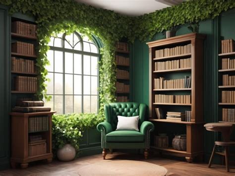 Premium Photo A Quiet Library Corner With Green Ivy Decorations Framing A Cozy Reading Nook