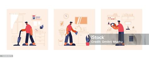 남자는 아파트 일러스트 세트를 청소합니다 슬리퍼의 남성 캐릭터는 카펫을 진공 청소기로 청소하고 먼지가 쌓인 나이트 스탠드를