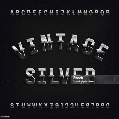 빈티지 실버 알파벳 글꼴입니다 고민 배경에 지저분한 편지와 숫자를 베벨 0명에 대한 스톡 벡터 아트 및 기타 이미지 0명