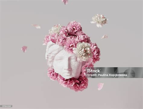 3d 고대 여성 동상 흰색 깨진 돌 그리스어 로마의 선하성 스타일 회색 배경에 머리 조각 핑크 꽃 꽃다발 자연 모란 떨어지는 꽃잎 여성스러운 아름다움 추상 3d 렌더링 꽃