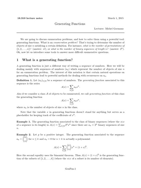 Generating Function Notes Pdf Recurrence Relation Function