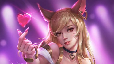 배경 화면 전설의 Ahri 리그 Kda Ahri 리그 오브 레전드 Fox Ears 금발의 뷰어를보고 노란 눈