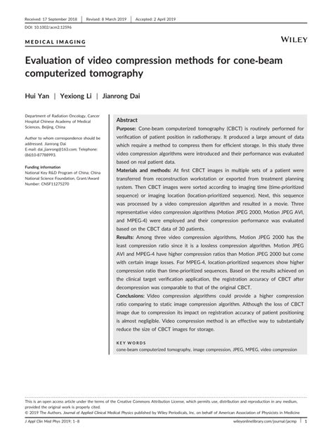 Pdf Evaluation Of Video Compression Methods For Cone‐beam Computerized Tomography