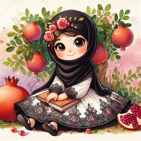 بک گراند کودکانه دختر کوچولوی ناز با حجاب کتاب حافظ در دست نشسته زیر درخت انار کد 43235 ویژه عکس