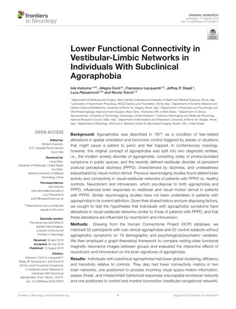 Pdf Lower Functional Connectivity In Vestibular Limbic Networks In Individuals With