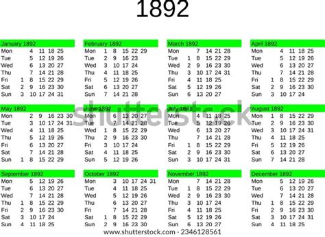 Calendar Year 1892 English Language Stock Vector Royalty Free