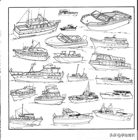 钢笔黑白线稿船、飞机