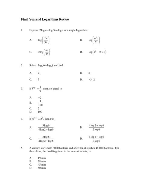 Logs Test Year End Pdf Logarithm Mathematical Objects