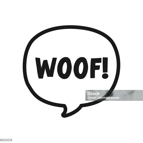 말풍선 풍선 낙서에 있는 Woof 텍스트 만화 만화 개 짖는 소리 효과와 글자 흰색 배경에 간단한 흑백 윤곽선 평면 벡터 그림 디자인 Onomatopoeia에 대한 스톡