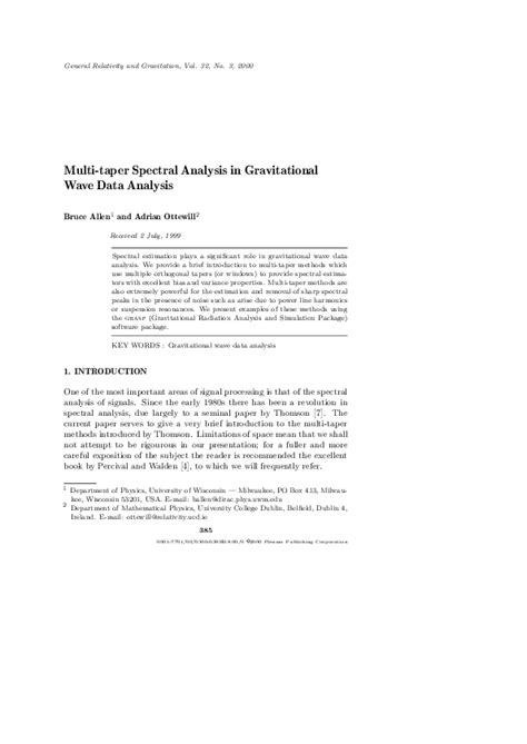 Pdf Multi Taper Spectral Analysis In Gravitational Wave Data Analysis A Ottewill