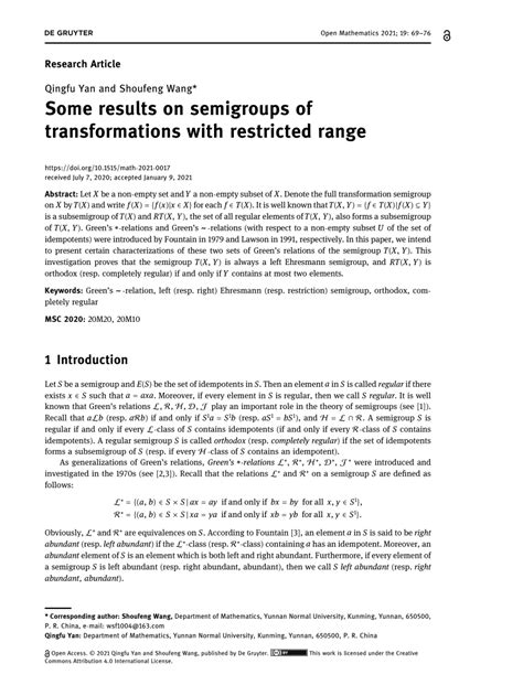 Pdf Some Results On Semigroups Of Transformations With Restricted Range