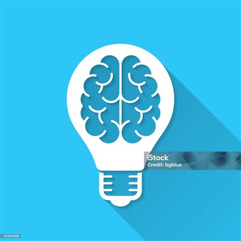 뇌가 있는 전구 파란색 배경에 아이콘 긴 그림자가 있는 평면 디자인 3차원 형태에 대한 스톡 벡터 아트 및 기타 이미지 3차원 형태 개념 과학 Istock