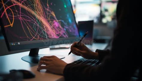 Expert Programmer Works Late Using Creativity And Technology Indoors Generated By Ai Stock