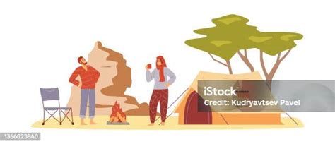 텐트와 야영자가있는 사막 캠프 풍경 평평한 벡터 일러스트 레이션 고립 생활 방식에 대한 스톡 벡터 아트 및 기타 이미지 생활 방식 아프리카 집 Istock