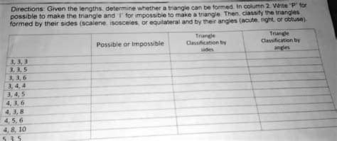 Directions Given The Lengths Determine Whether A Triangle Can Be Formed In Column 2 Write P