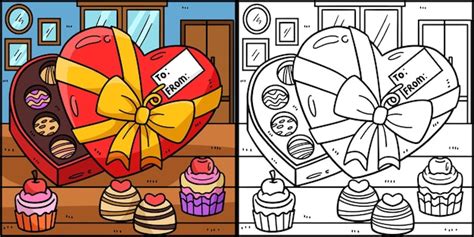 하트 초콜릿 상자 색칠 공부 페이지 그림 프리미엄 벡터